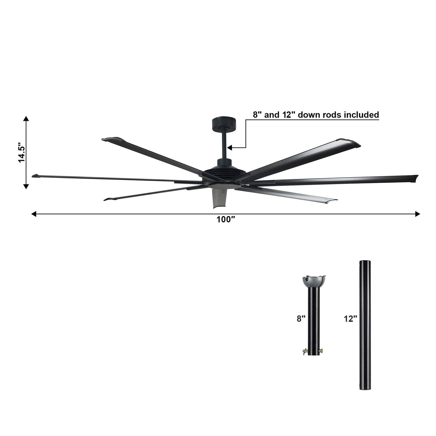 84" or 100" Industrial Extra Large Ceiling Fan with Remote Control ...