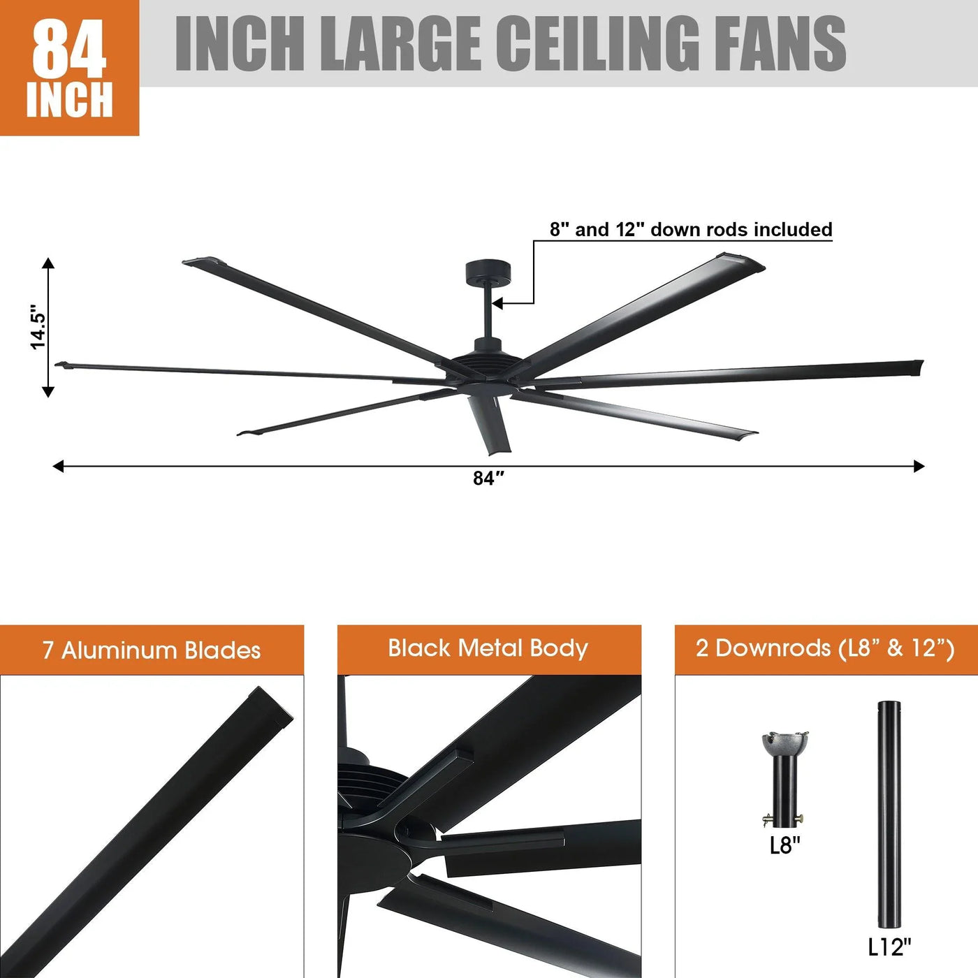 84" or 100" Industrial Extra Large Ceiling Fan with Remote Control ...