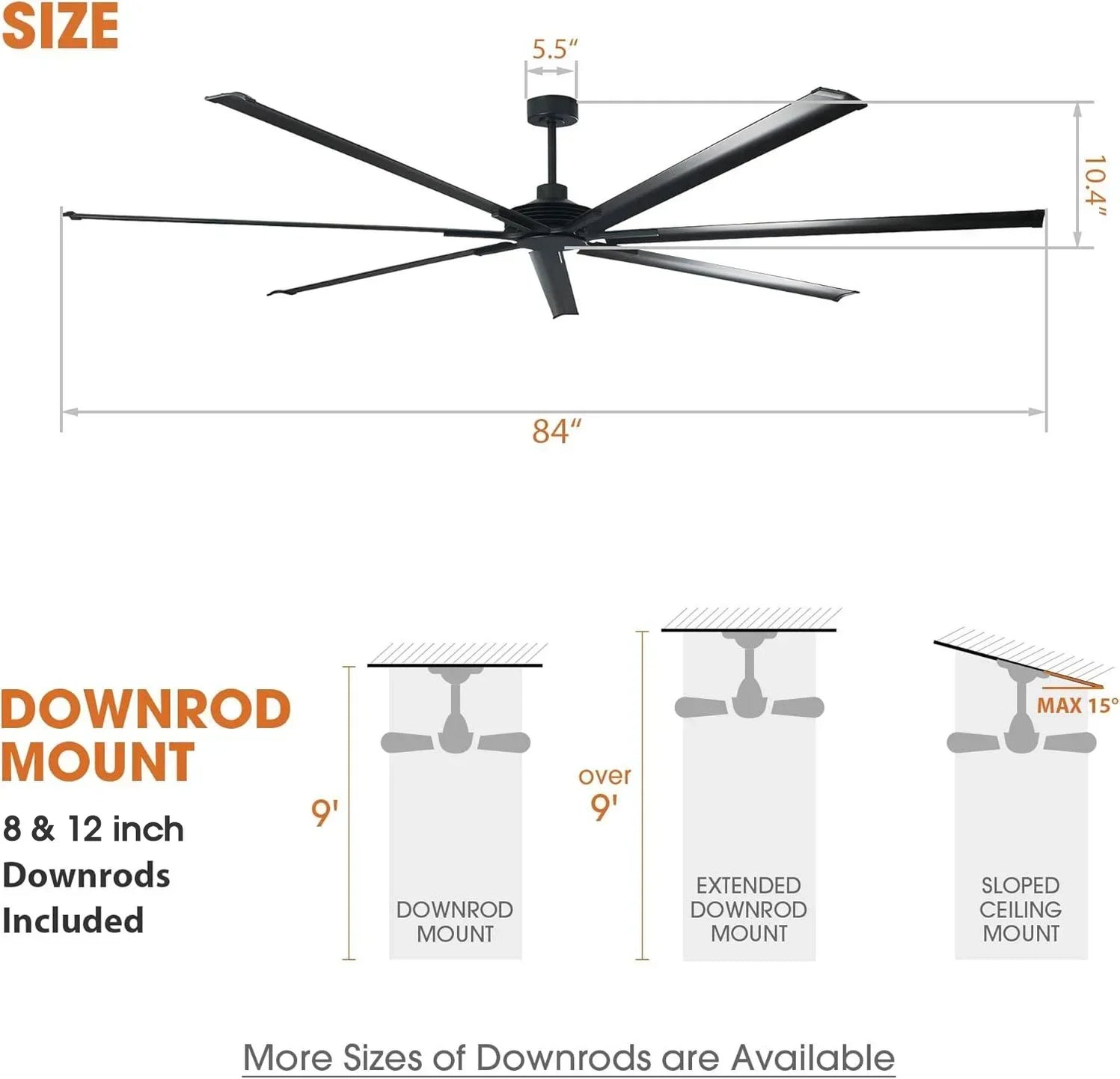 84" or 100" Industrial Extra Large Ceiling Fan with Remote Control ...