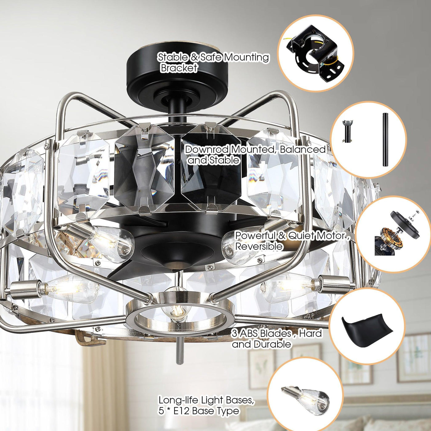 23" Modern DC Motor Downrod Mount Reversible Fandelier Ceiling Fan wit ...