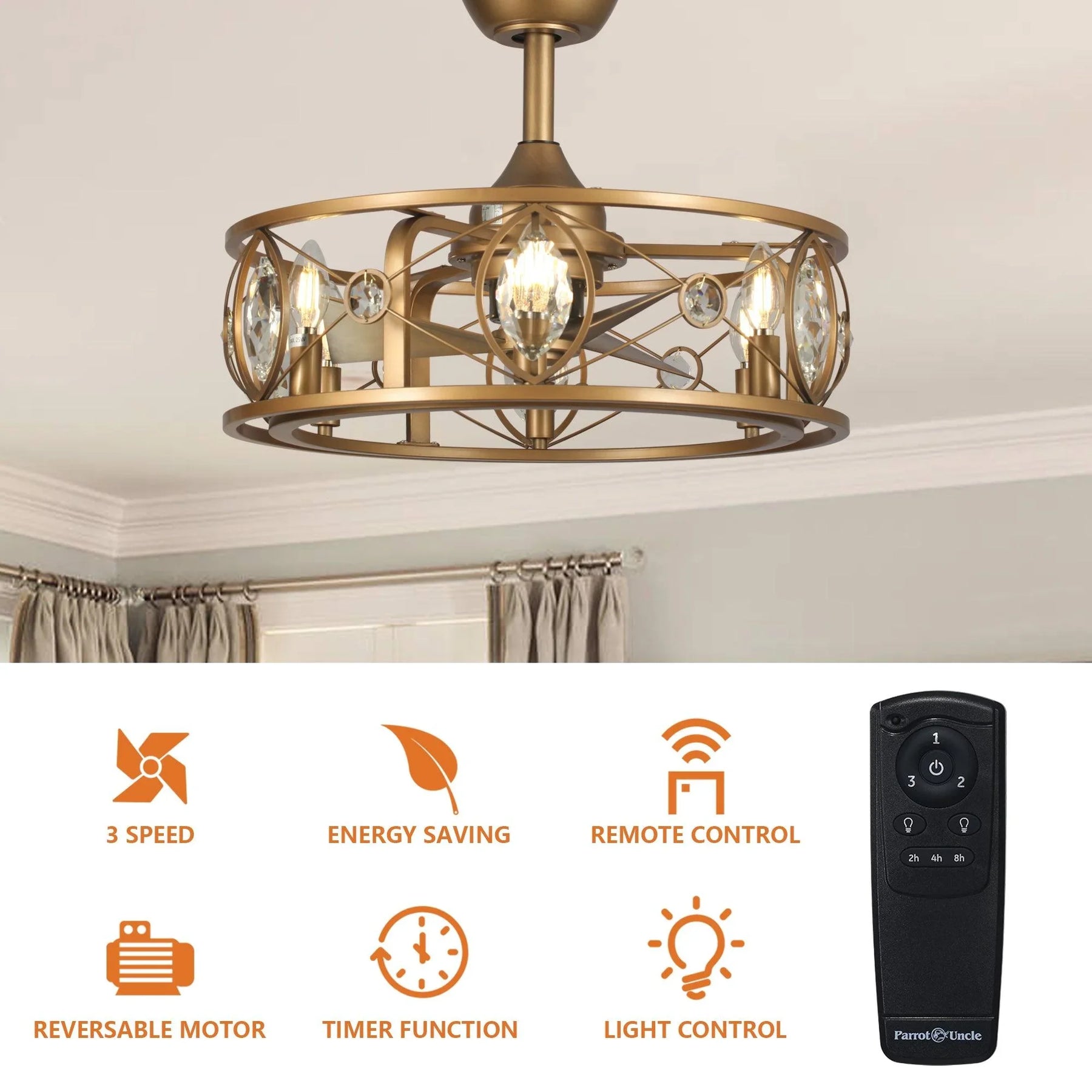 22" Kashmir Modern Glod Reversible Crystal Fandelier Ceiling Fan with