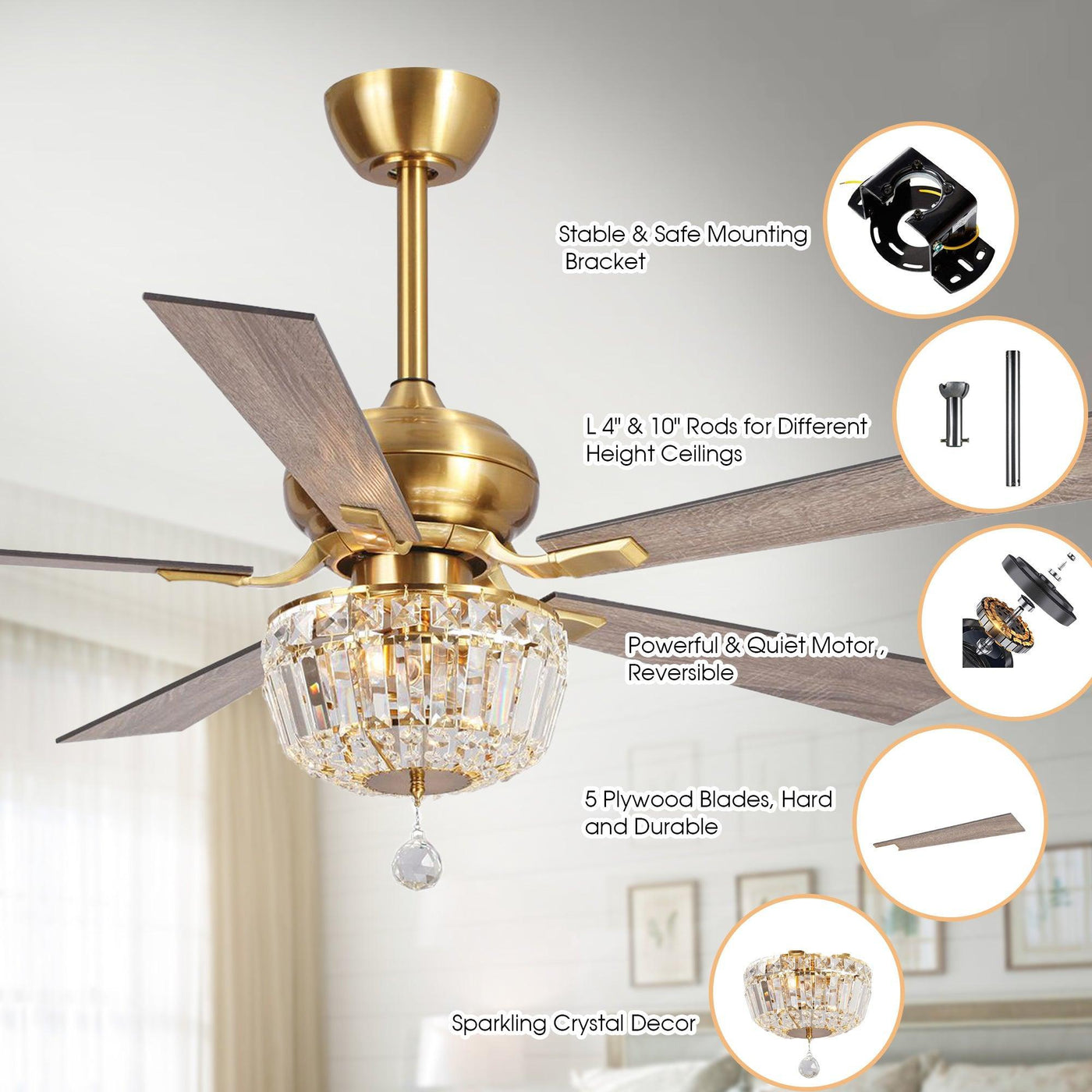 52" Ganga Modern Downrod Mount Reversible Crystal Ceiling Fan with Lig ...