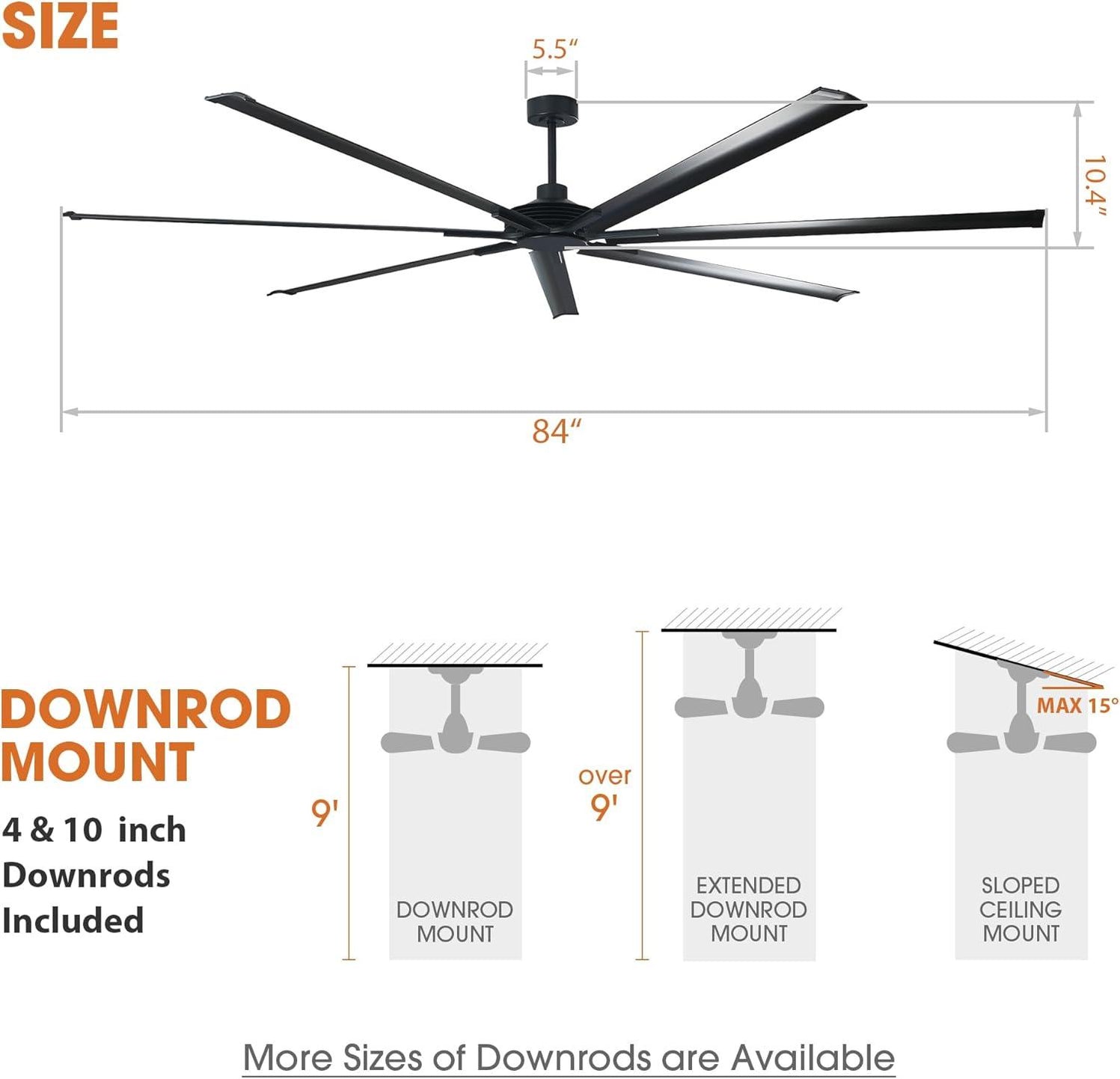 84" or 100" Industrial Extra Large Ceiling Fan with Remote Control ...