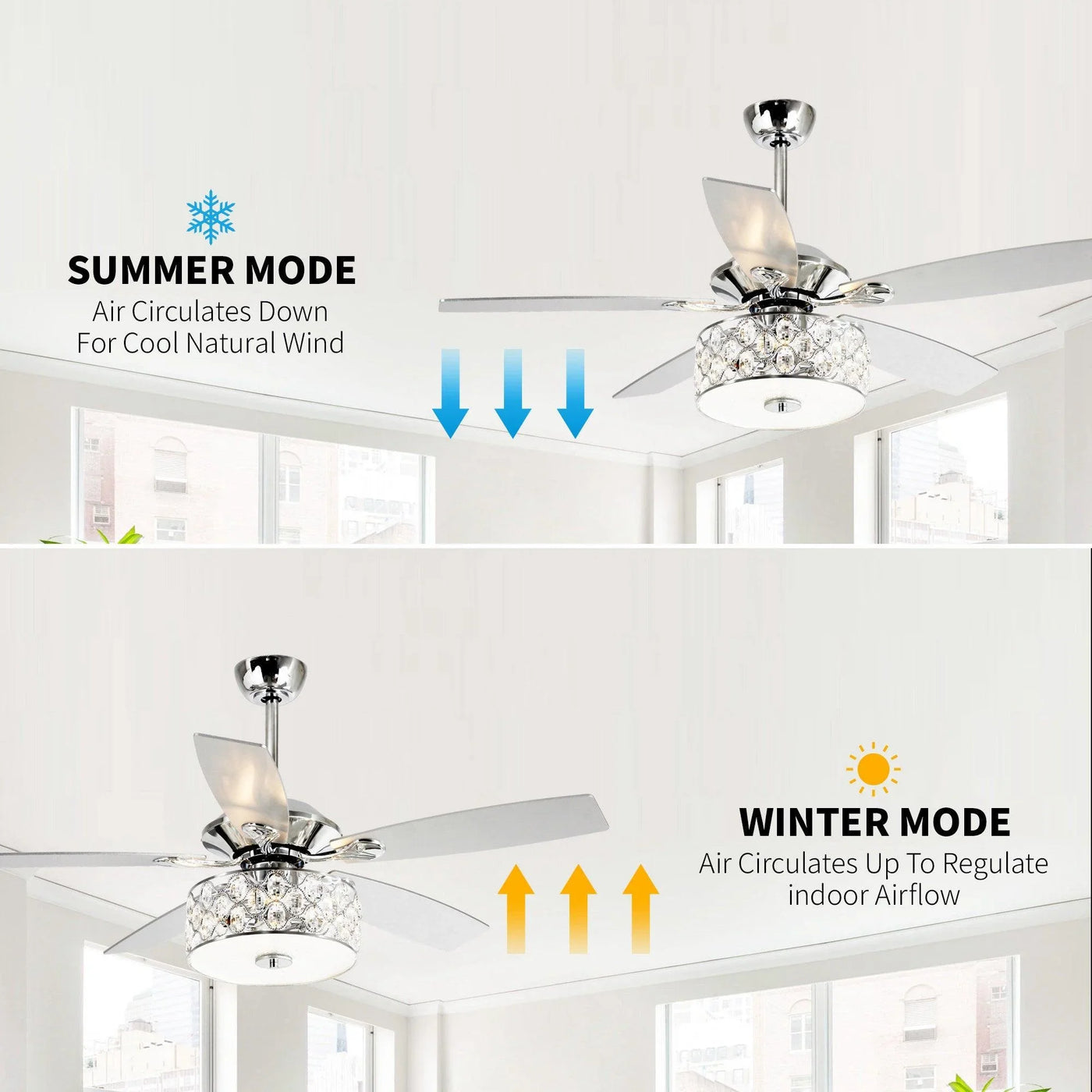 52" Tibuh Modern Downrod Mount Reversible Crystal Ceiling Fan with ...