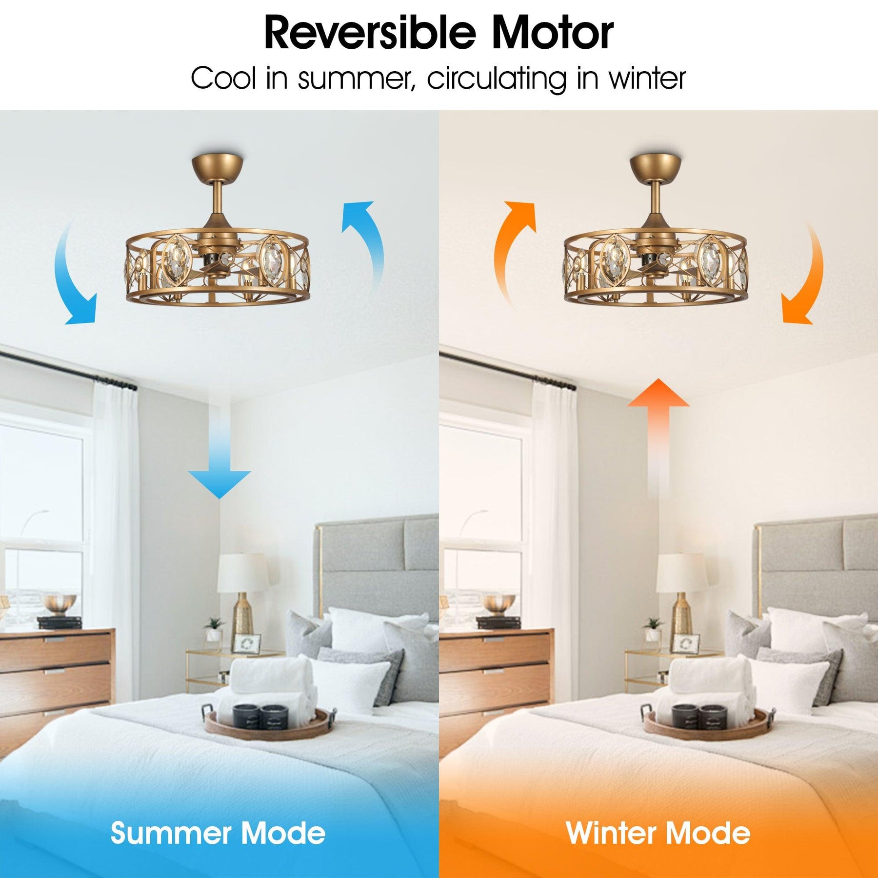 22" Kashmir Modern Glod Reversible Crystal Fandelier Ceiling Fan with