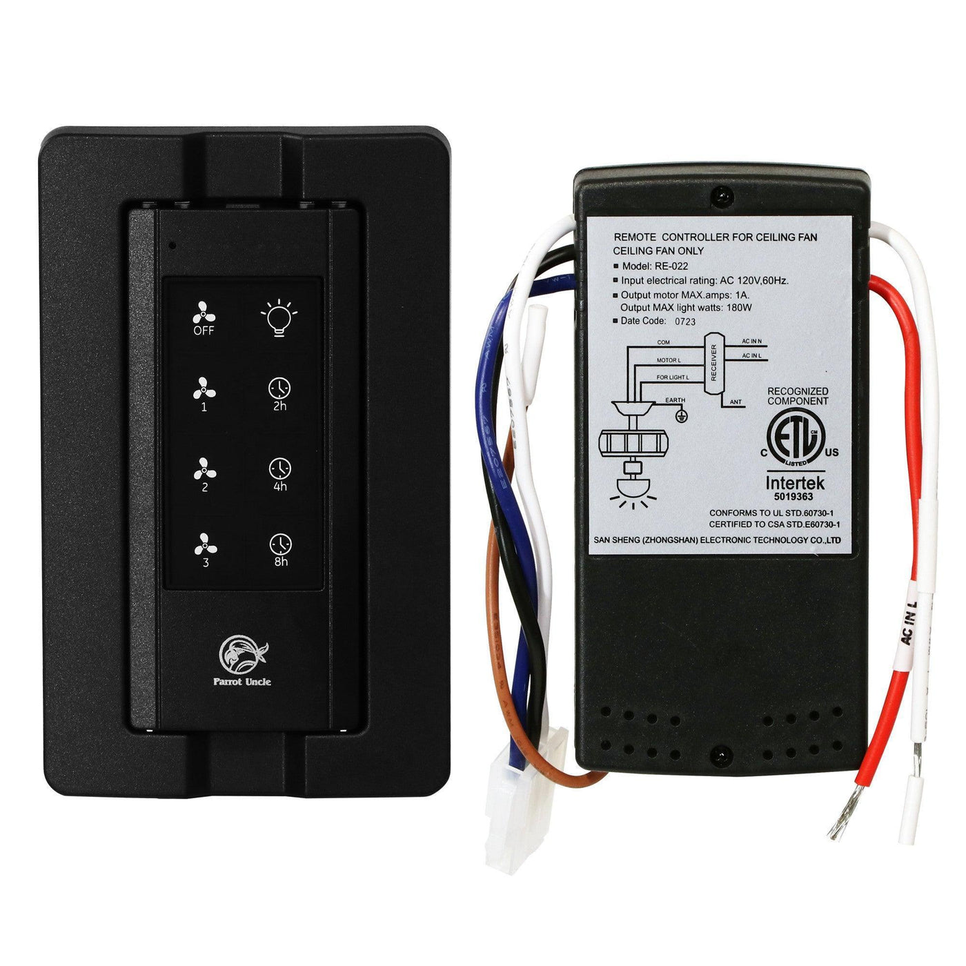 Parrot Uncle Ceiling Fan Remote Control and Receiver Kit with Wall Hol