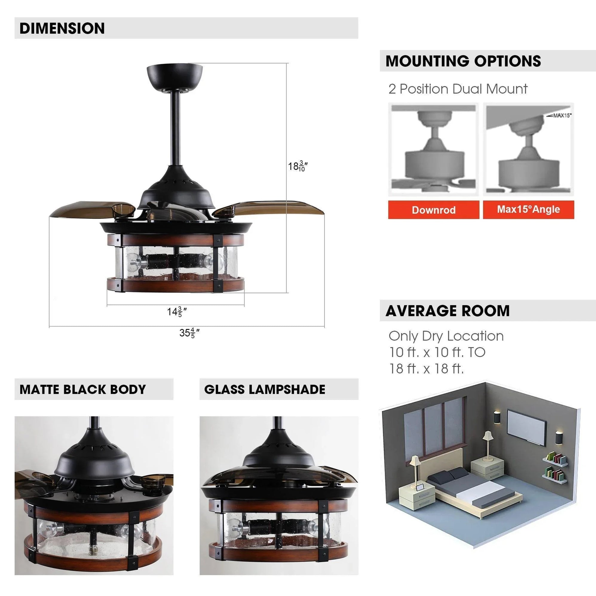 36" Caselli Traditional Downrod Mount Ceiling Fan with Lighting and ...