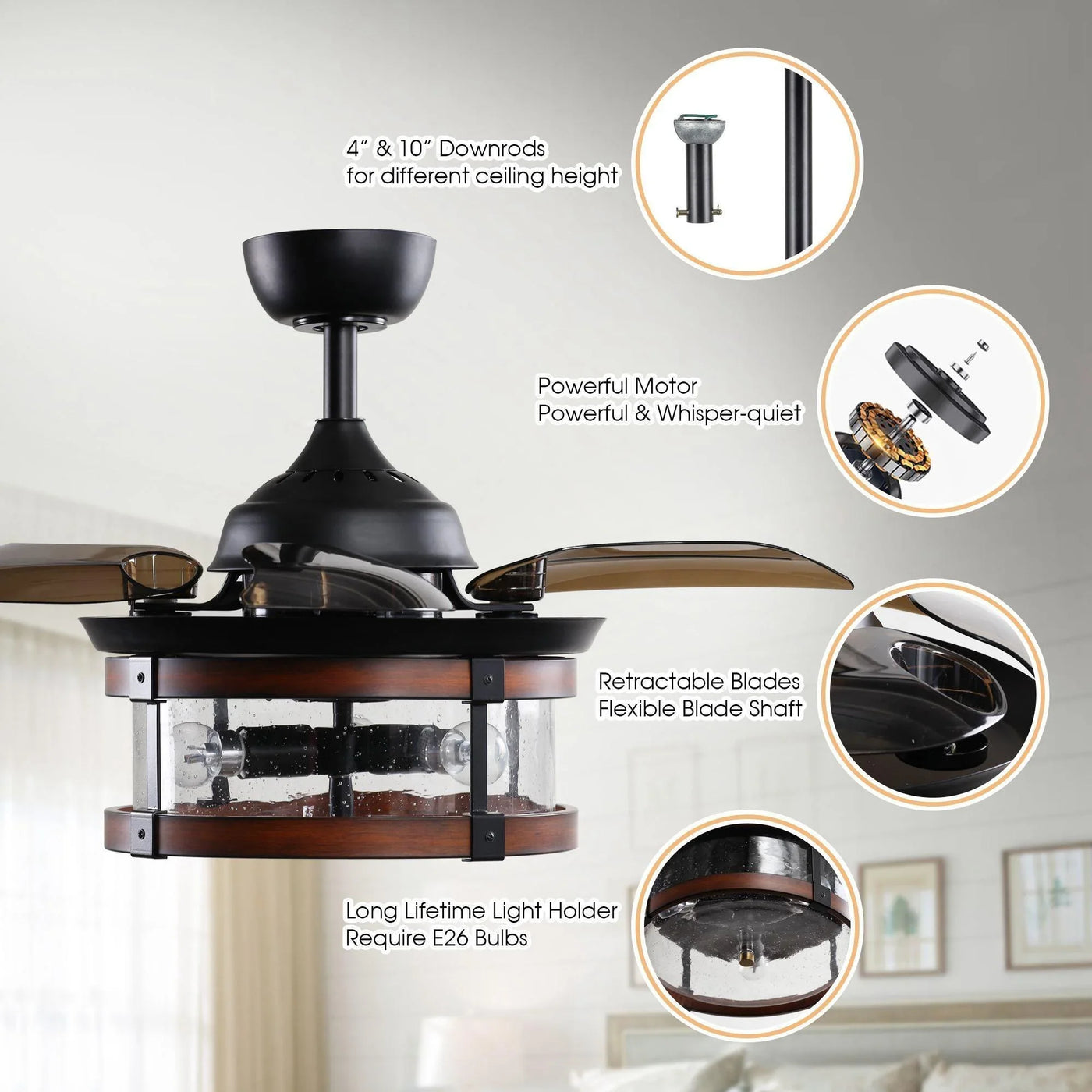 36" Caselli Industrial Downrod Mount Ceiling Fan with Lighting and ...