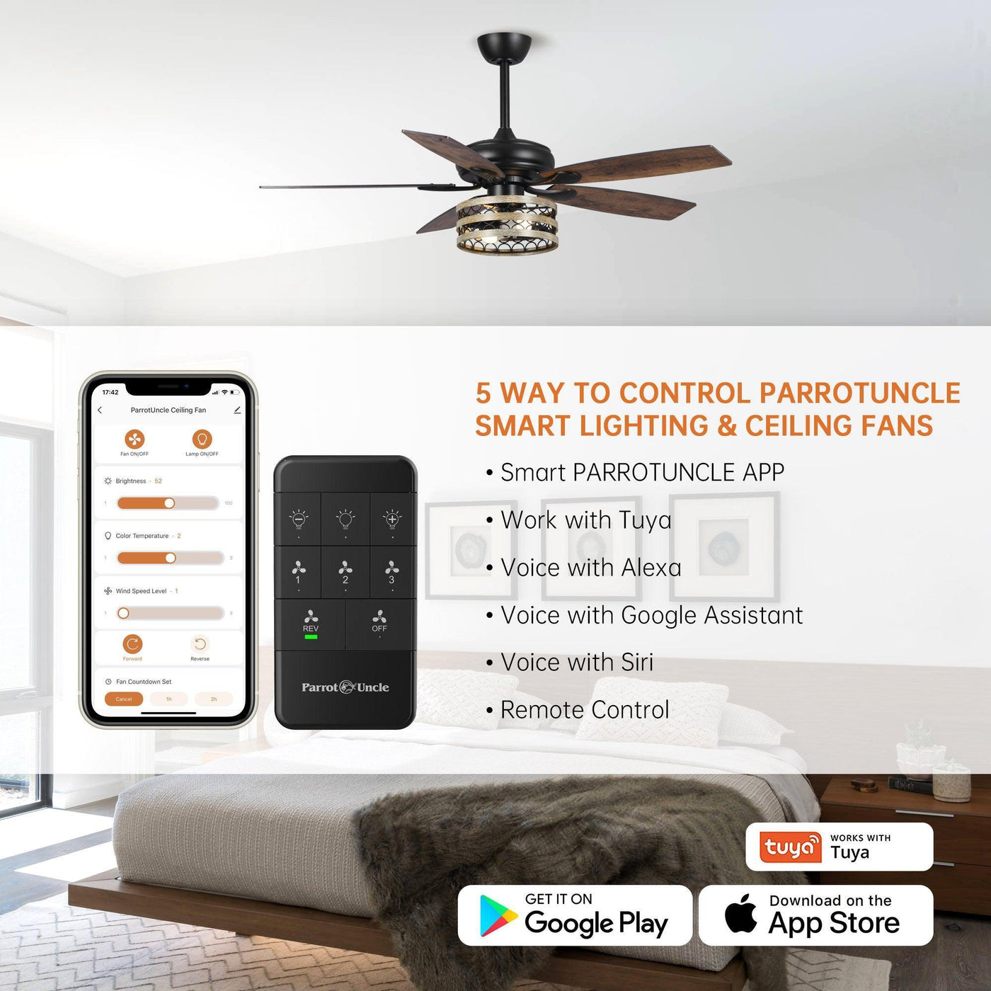 52" Alward Smart Fan with Light Kit and Remote Control — ParrotUncle ...