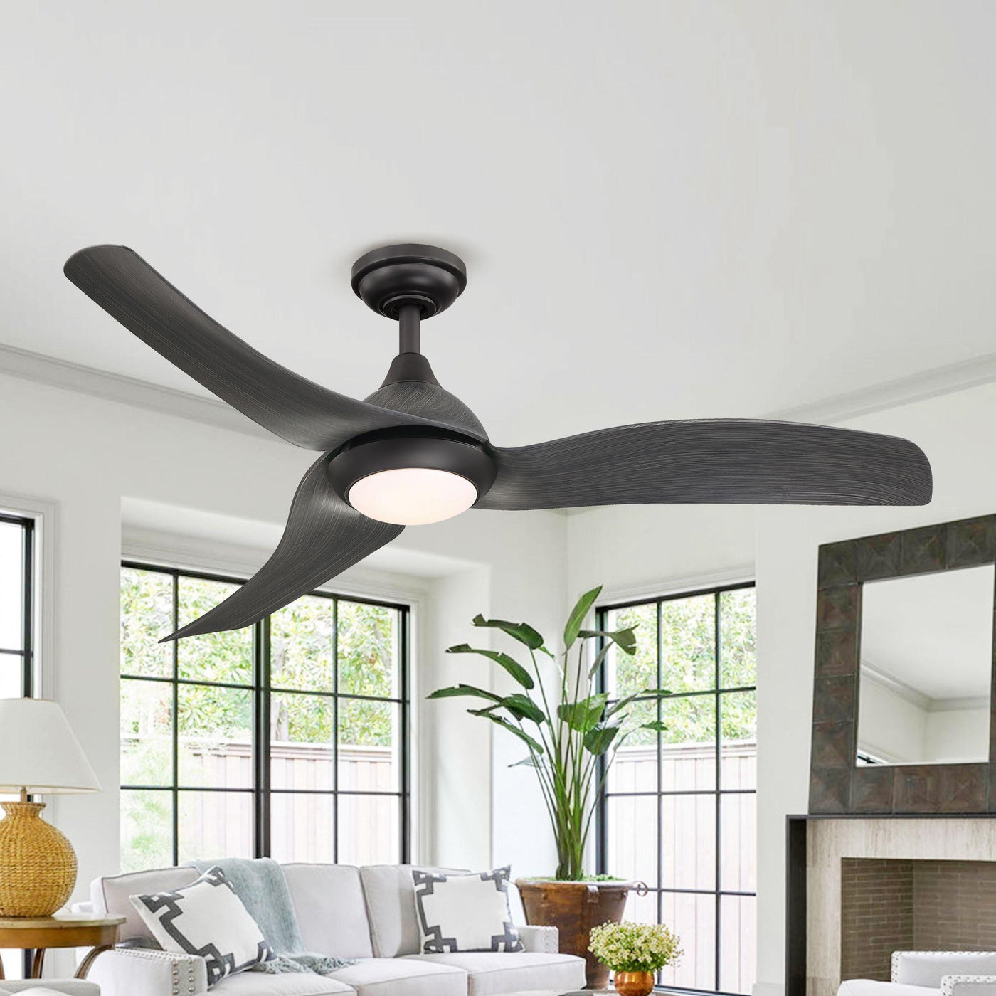 52" Industrial DC Motor Downrod Mount Reversible Ceiling Fan with LED ...